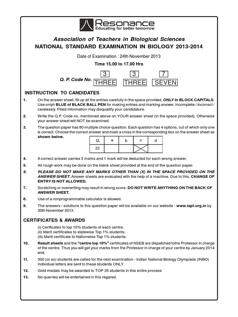 National Standard Examination in Biology 2013-2014: Instruction Guide ...