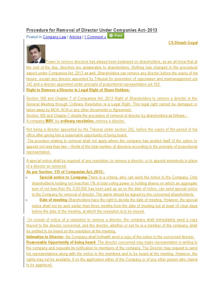 Procedure For Removal Of Director Under Companies Act Pdf Board Of