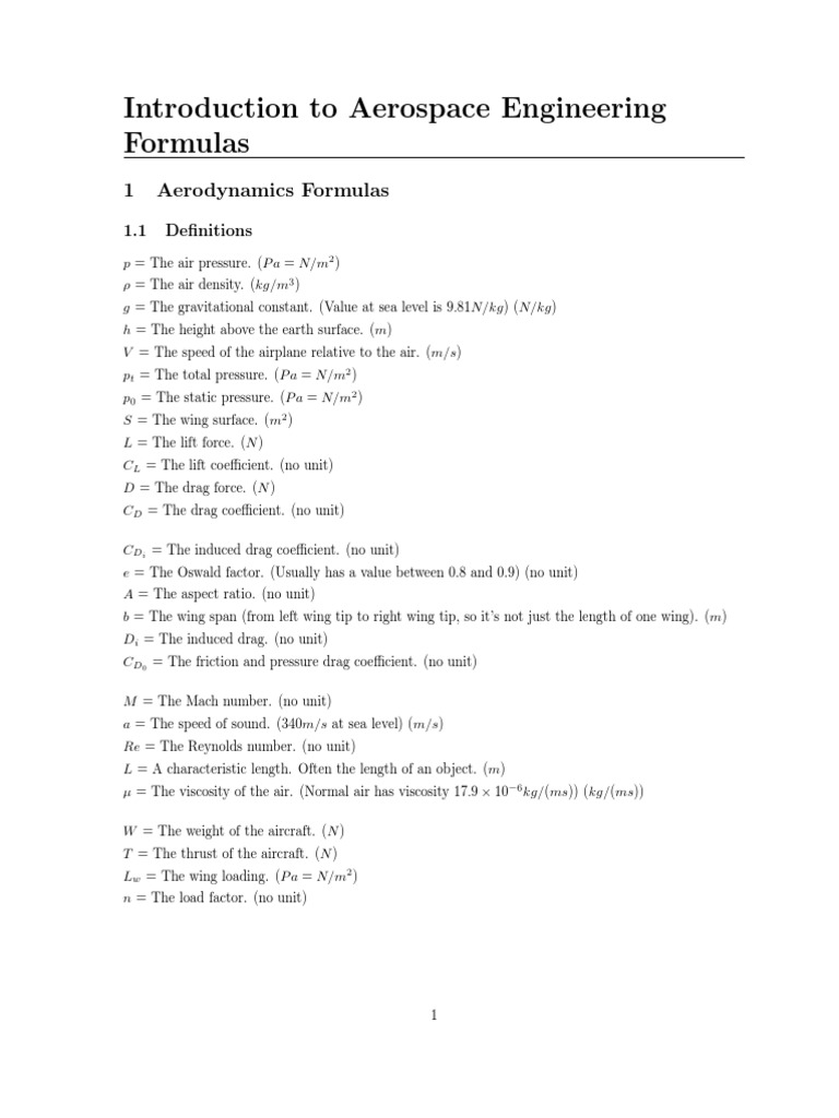 Aerospace Engineering Formulas Overview | PDF | Drag (Physics) | Mach ...