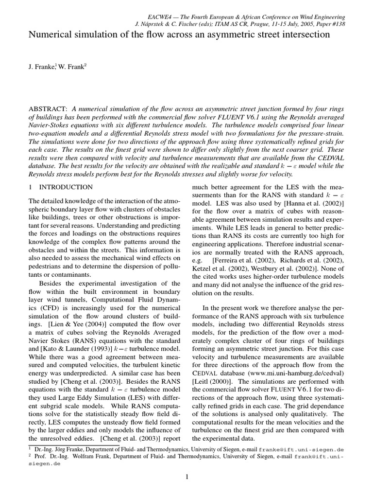 Numerical Simulation of The Flow Across An Asymmetric Street ...