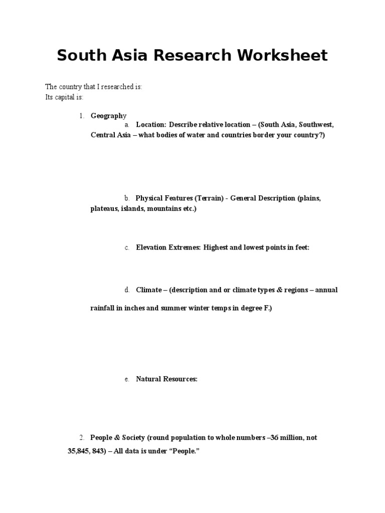 South Asia Country Research Worksheet | PDF | Travel