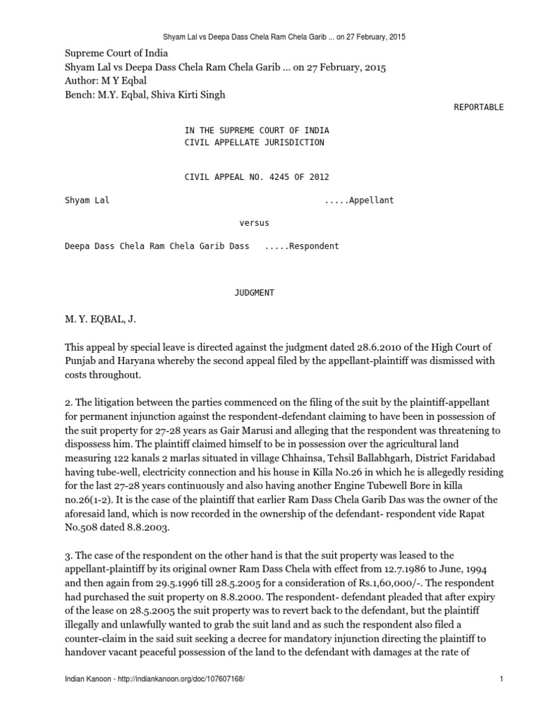 Shyam Lal Vs Deepa Dass Chela Ram Chela Garib ... On 27 February, 2015 ...