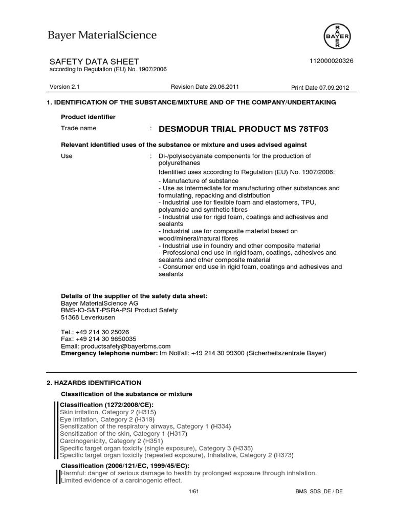 Safety Data Sheet DESMODUR | PDF | Dangerous Goods | Toxicity