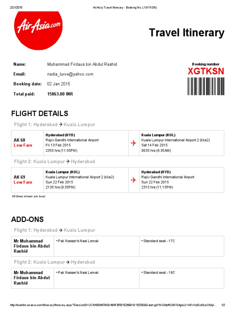 AirAsia Itinerary: Muhammad Firdaus | PDF