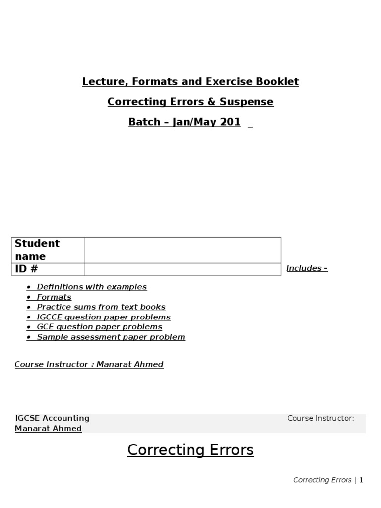 Correcting Errors - Booklet+lecture | PDF | Debits And Credits | Bookkeeping