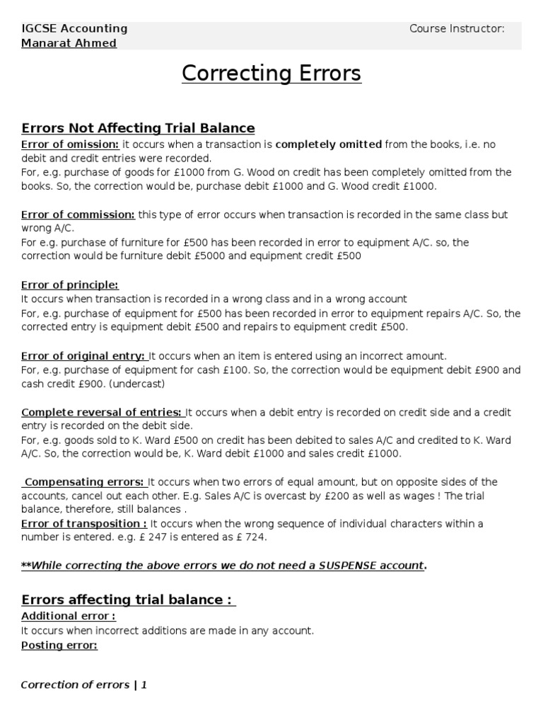 Correcting Errors: Errors Not Affecting Trial Balance | PDF | Debits ...