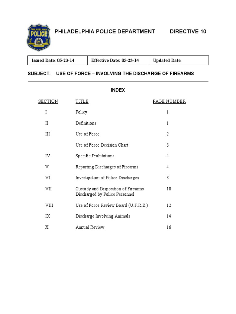 Philadelphia Police Directive 10 | PDF | Use Of Force | Deadly Force