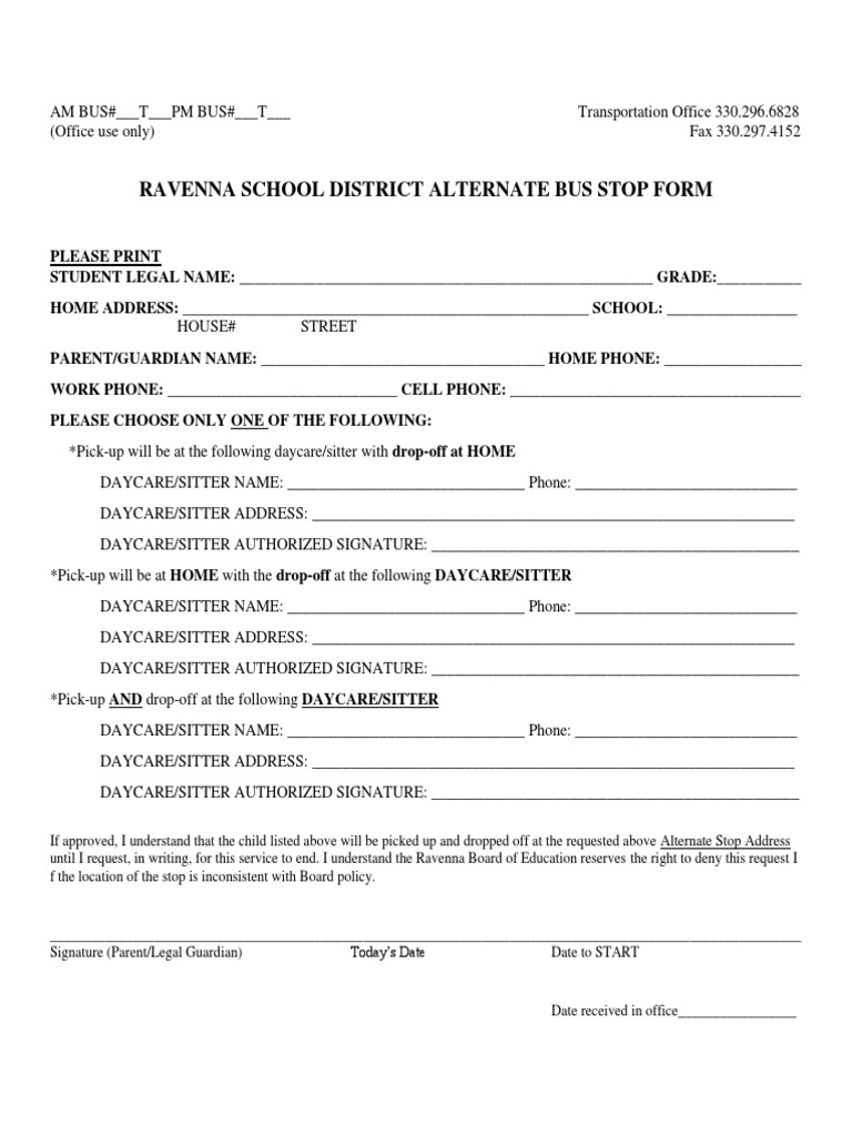 Ravenna School District Alternate Bus Stop Form | PDF | Technology ...