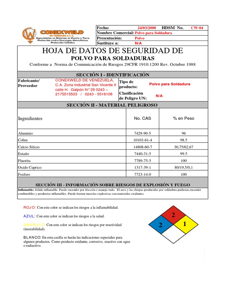 Hoja de Seguridad Msds Polvo Para Soldaduras (1) | Quemar | Soldadura