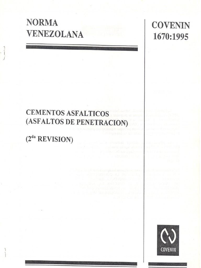 Norma COVENIN 1670 (1995) CementosAsfálticos - JPG | PDF