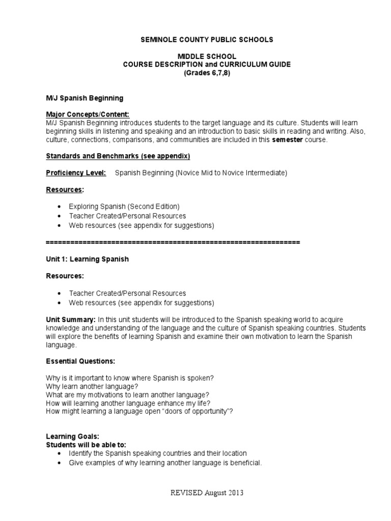 Middle School Spanish Curriculum Guide | PDF | Alphabet | Spanish Language