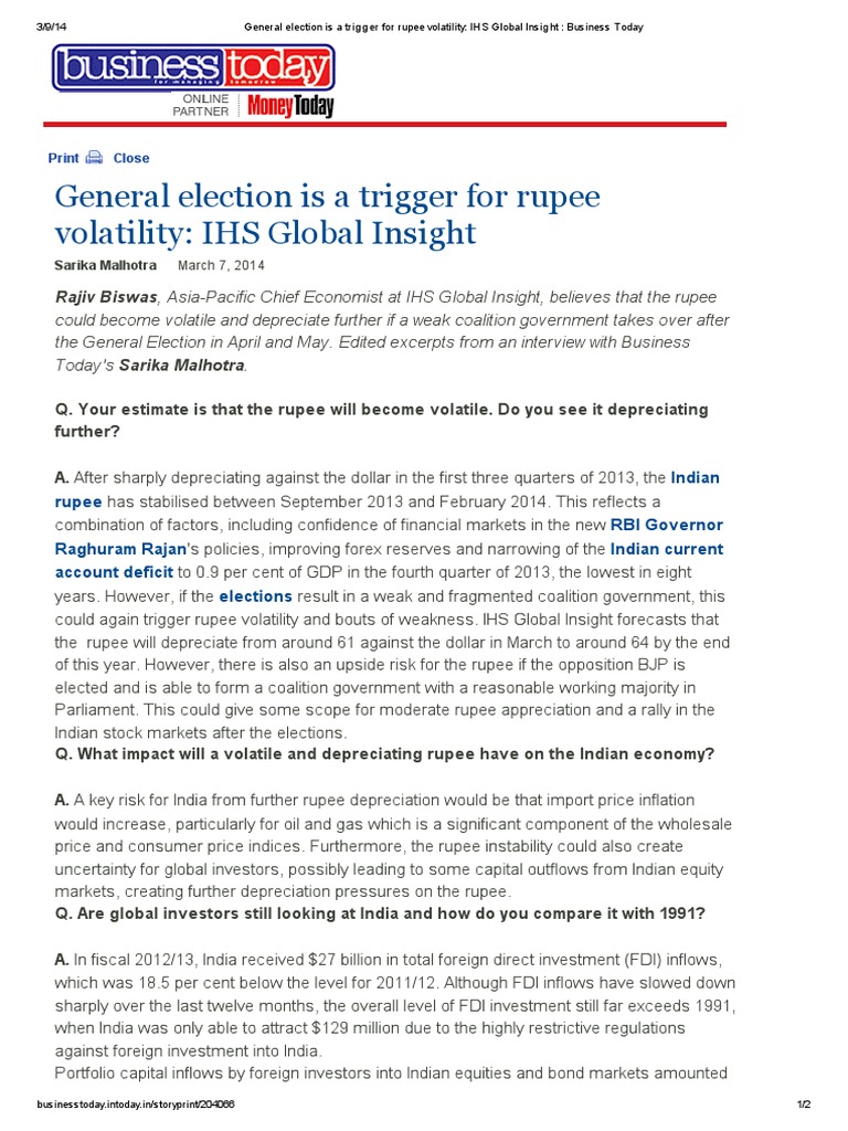 General Election Is A Trigger For Rupee Volatility - IHS Global Insight ...
