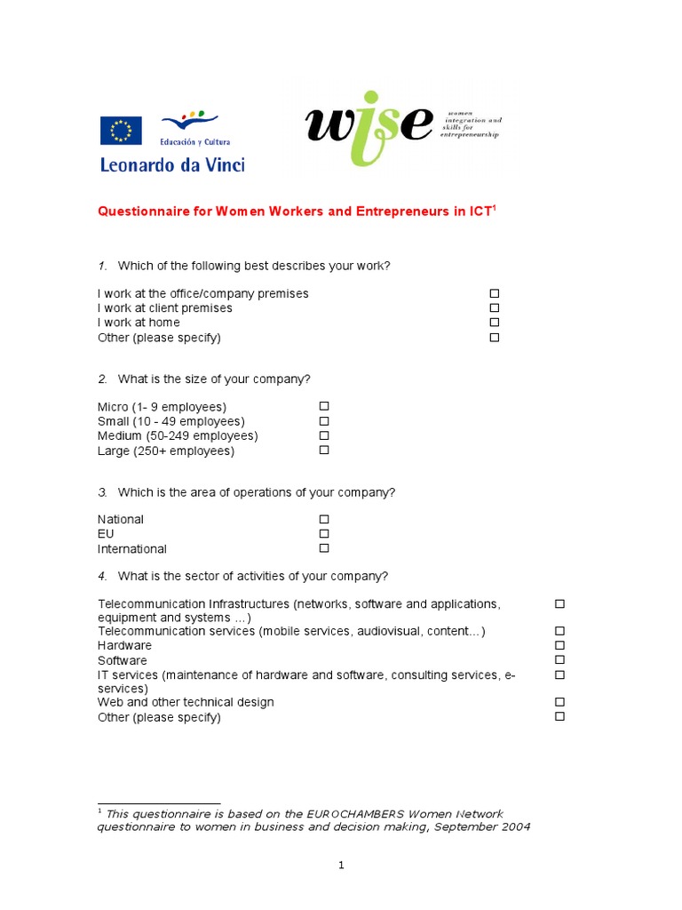 Questionnaire Women Workers Entrepreneurs ICT | PDF | Entrepreneurship ...