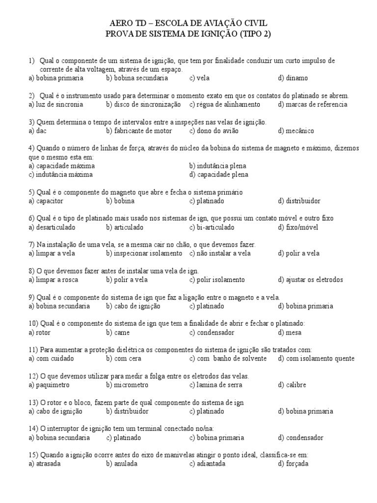 Prova Sist Ign (Avionicos) | PDF | Indutor | Pistão