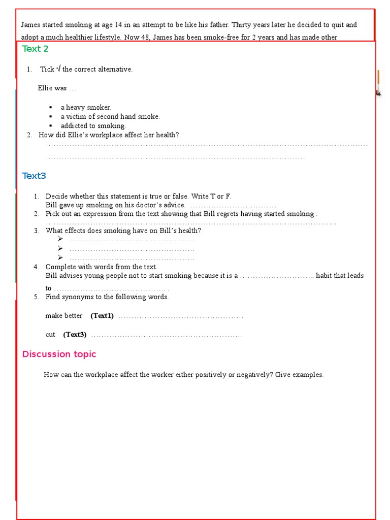 Reading Comprehension Test On Smoking | PDF | Smoking | Cigarette