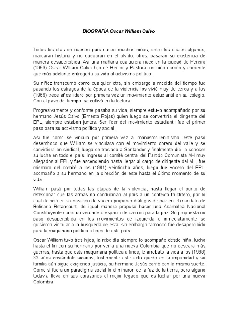 BIOGRAFÍA Oscar William Calvo | PDF | Movimientos sociales | Colombia