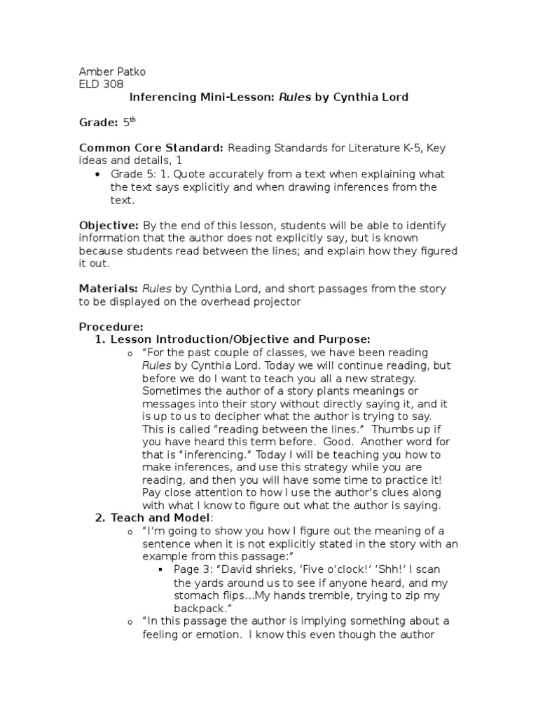 Inferences Mini Lesson - Rules | PDF | Feeling | Psychological Concepts