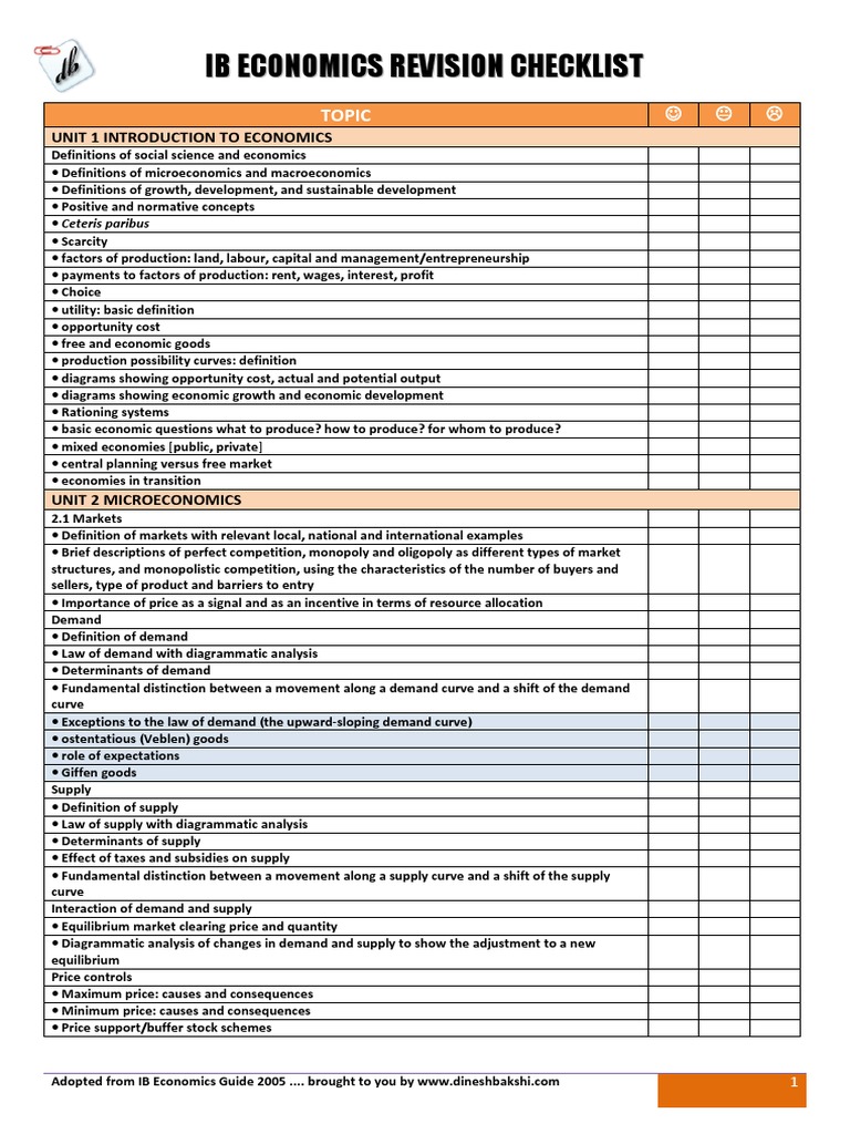 IB Economics Revision Checklist | PDF