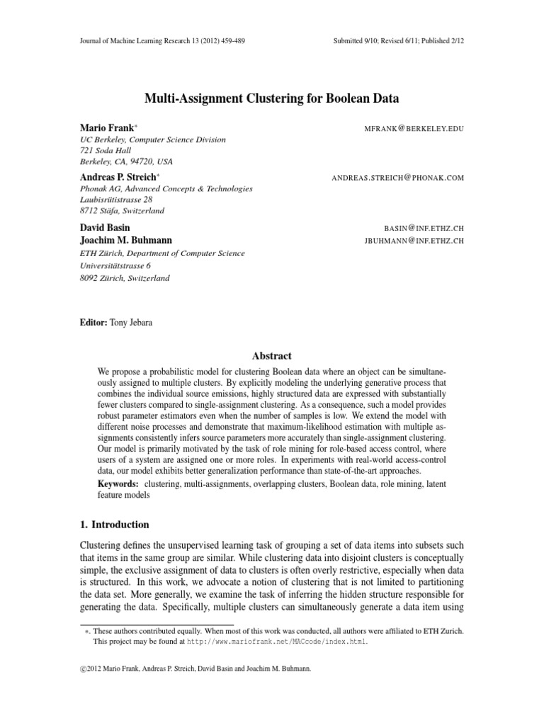 Multi-Assignment Clustering For Boolean Data: Mario Frank | PDF | Cluster Analysis ...