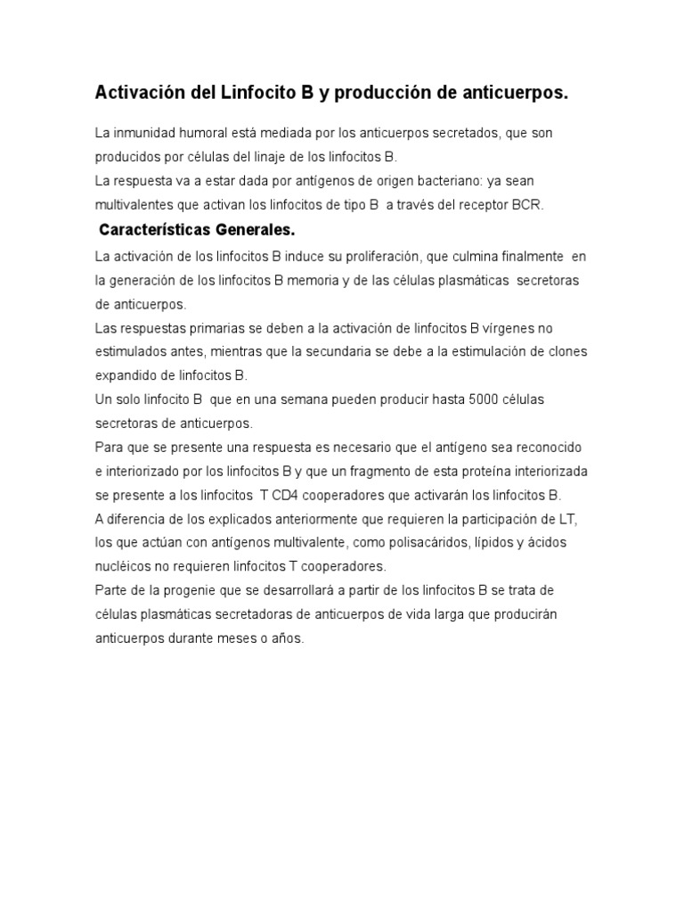 Activación Del Linfocito B Y Producción De Anticuerpos Pdf