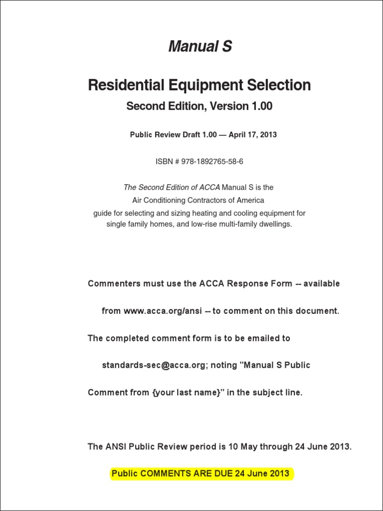 ACCA Manual S 2013 Public Review v1 00 | PDF | Air Conditioning | Hvac