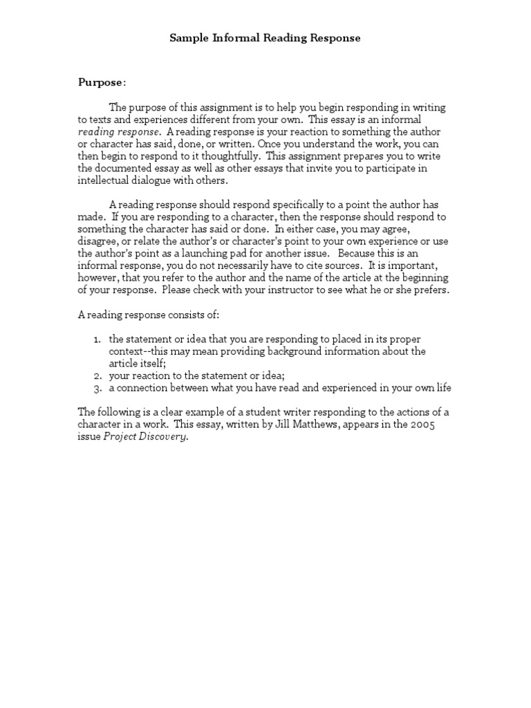 Informal Reading Response Example | PDF | Essays | Reading (Process)