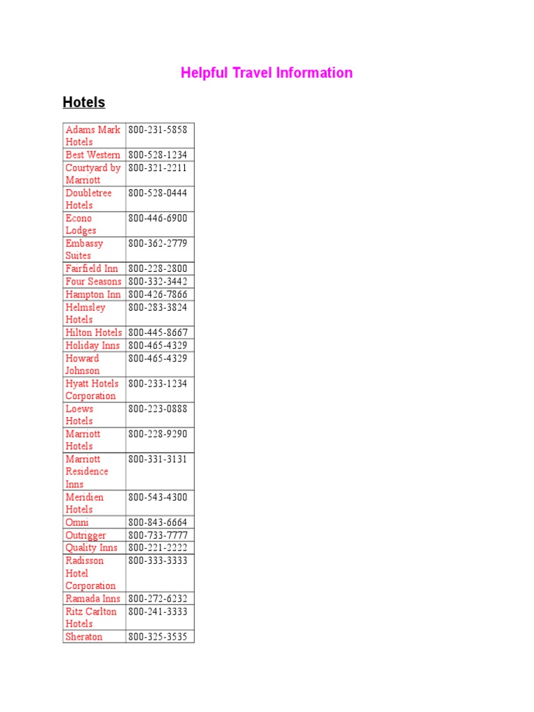 Hotel and Airline Contact Numbers | PDF