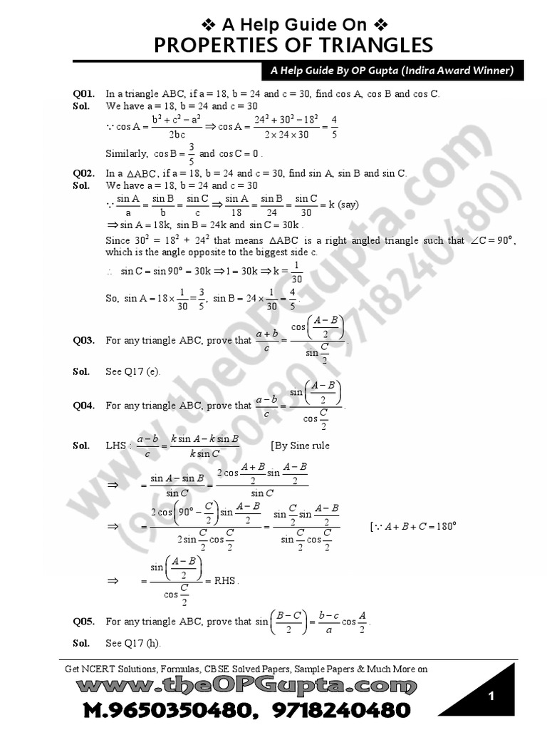 Help Guide Properties of Triangles Class11 | PDF | Sine | Trigonometric ...