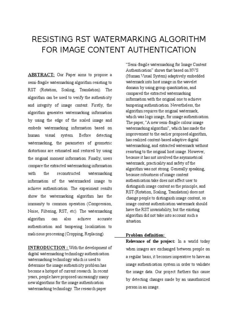 Resisting RST Watermarking Algorithm For Image Content Authentication | PDF | Applied ...