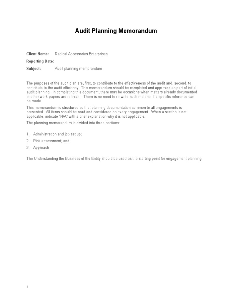 Audit Planning Memo | Audit | Memorandum