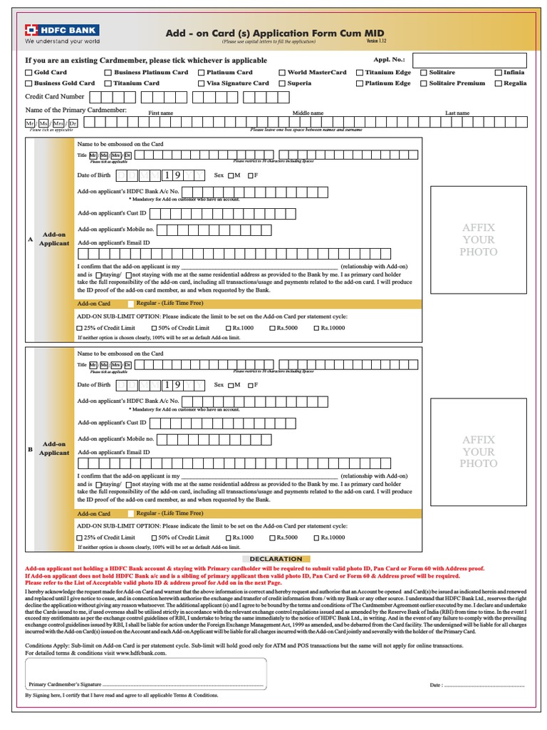 HDFC Add On Card Application | PDF | Identity Document | Service Industries