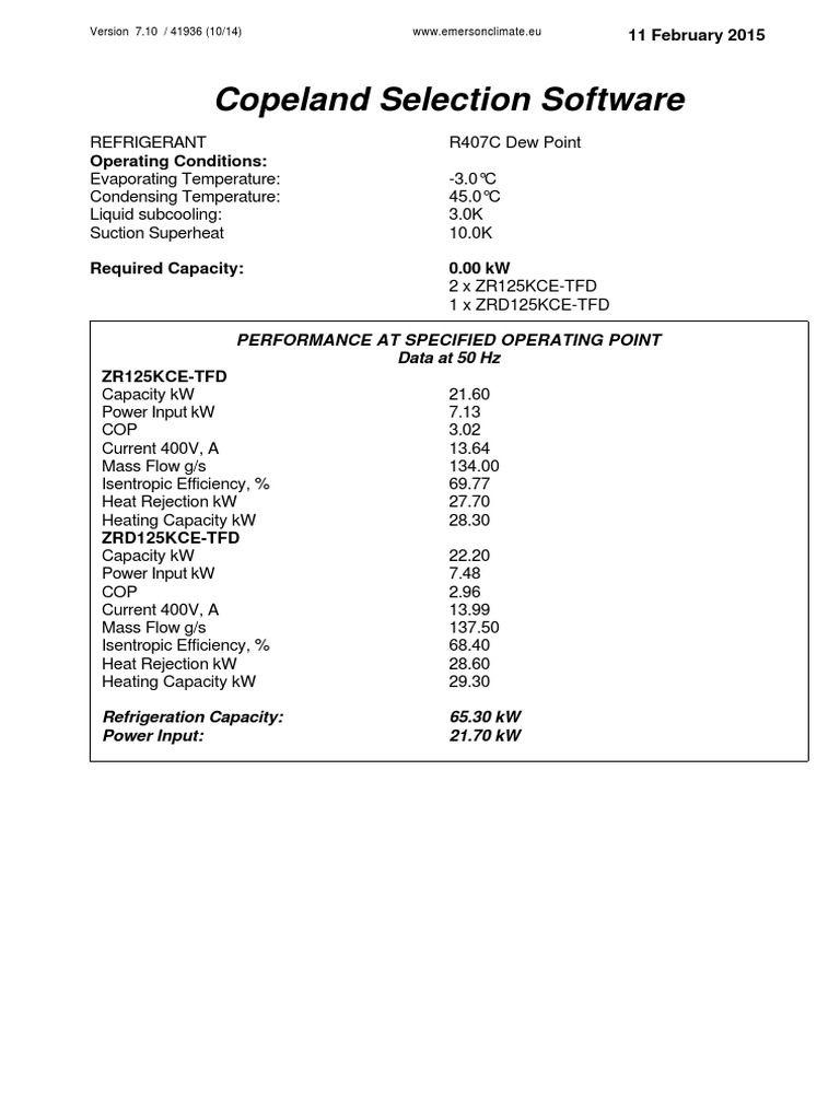 Copeland Selection Software: Performance at Specified Operating Point Data at 50 HZ | PDF | Gas ...