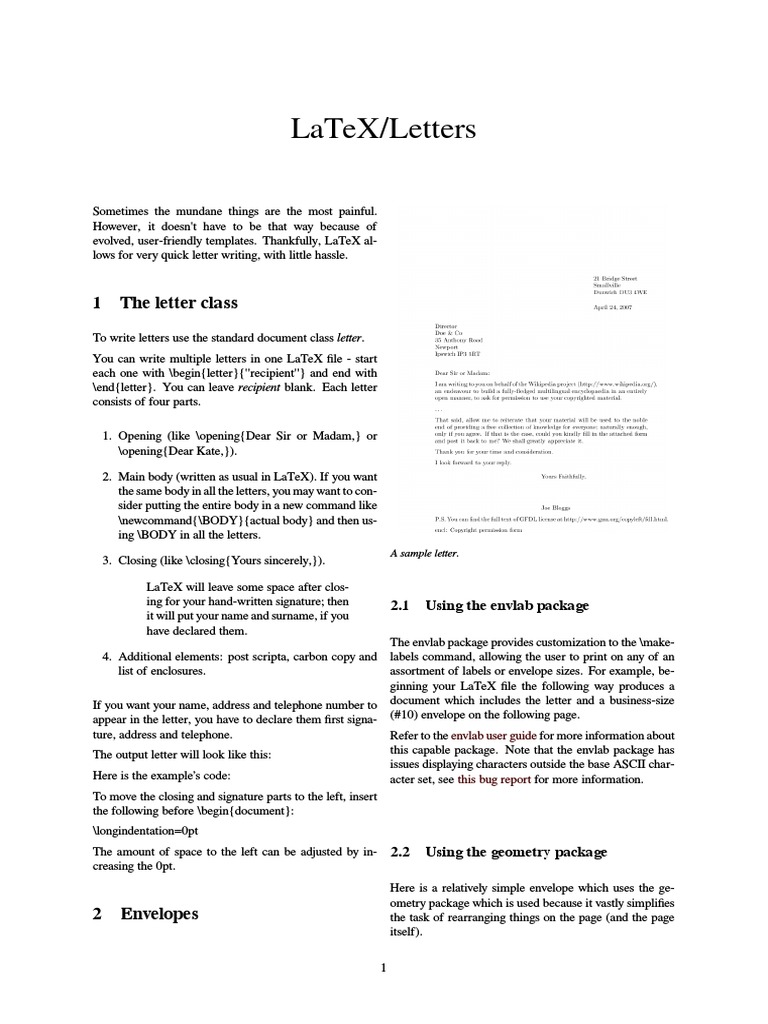 Latex/Letters: 1 The Letter Class | PDF | Envelope | Text