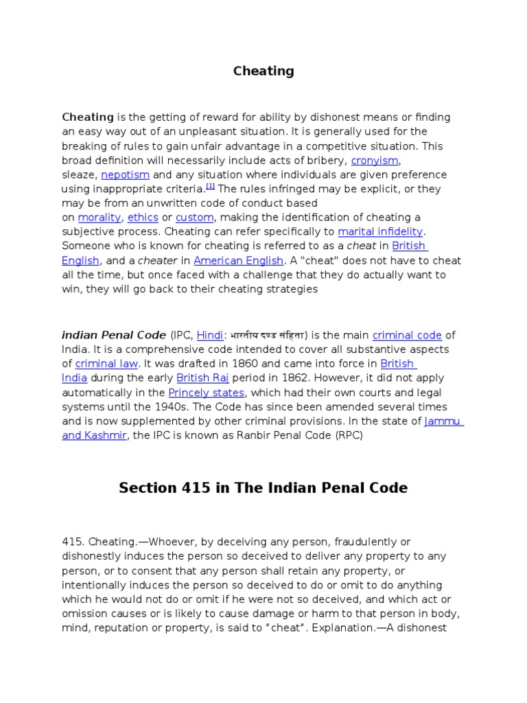 Cheating: Section 415 in The Indian Penal Code | PDF | Ethical ...