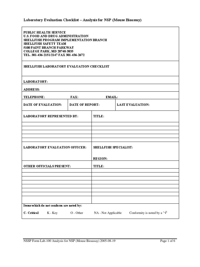 Laboratory Evaluation Checklist | Mouse | Bivalvia