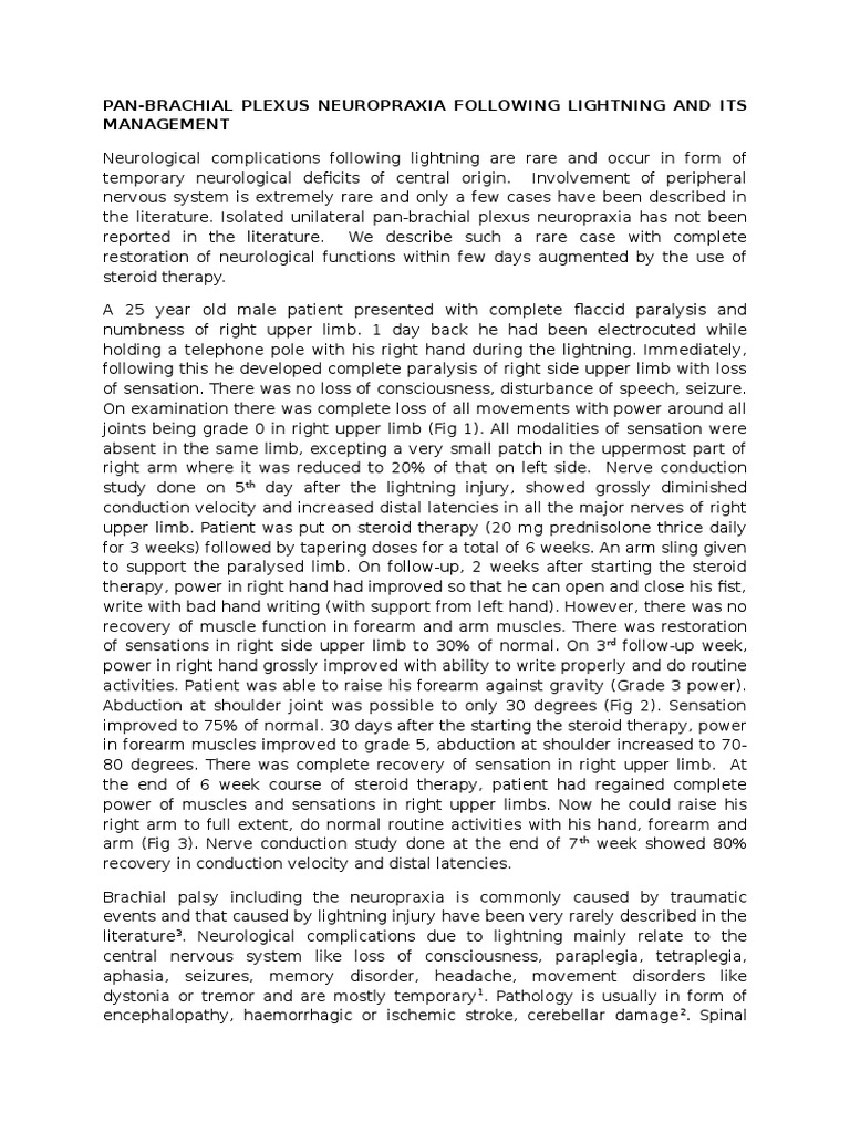 Pan-Brachial Plexus Neuropraxia Following Lightning and Its Management ...