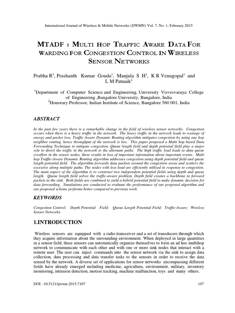 Mtadf: Multi Hop Traffic Aware Data For Warding For Congestion Control in Wireless Sensor ...