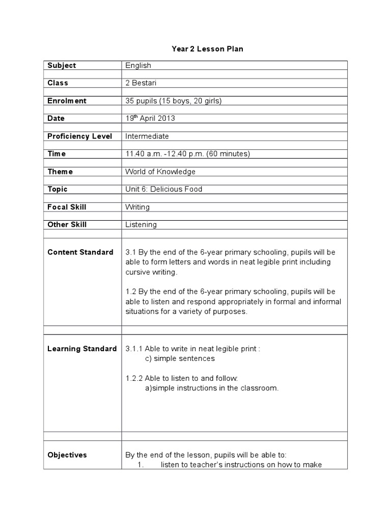 Year 2 Lesson Plan Subject Class Enrolment Date Proficiency Level Time ...