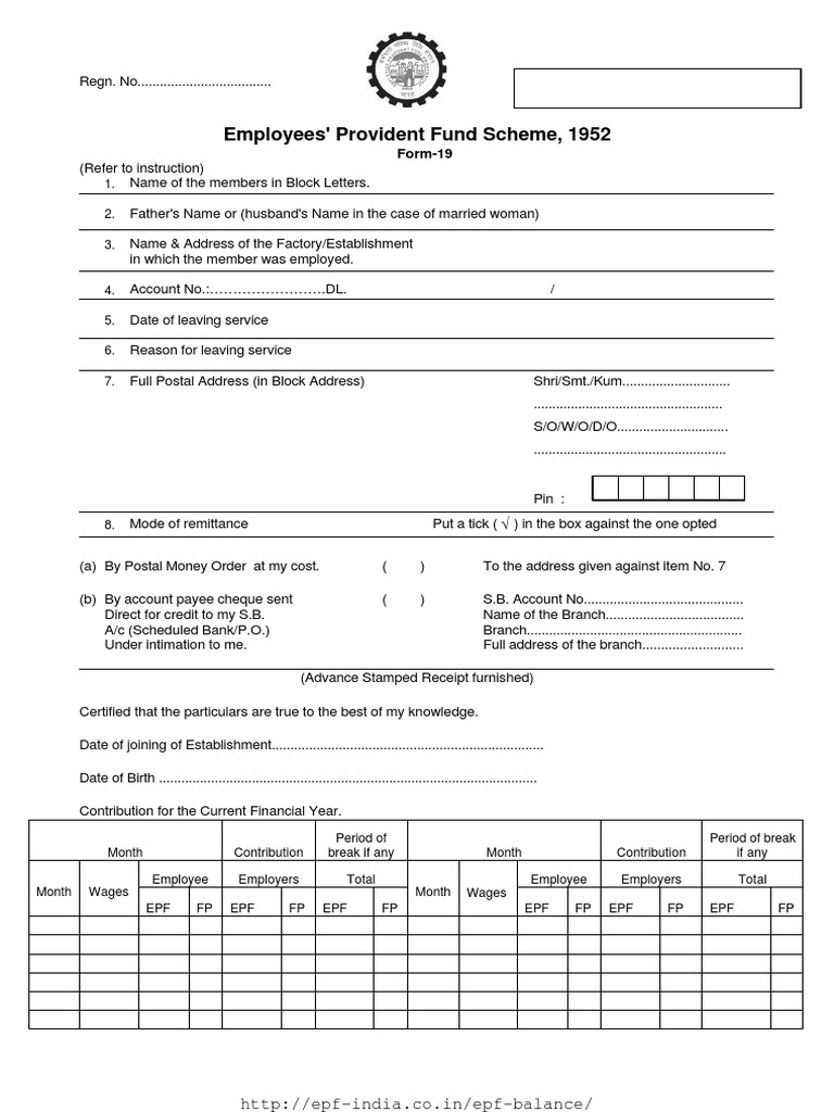 Download Form 19 and 10C EPF India | Cheque | Money