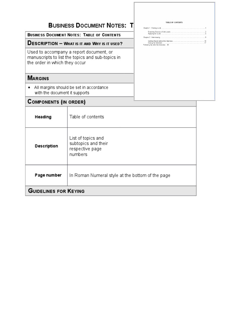 Business Document Notes Table of Contents | PDF