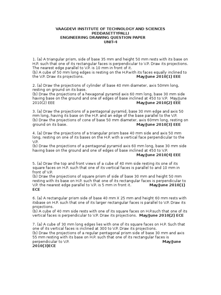 Vaagdevi Institute of Technology and Sciences Peddasettypalli Engineering Drawing Question Paper ...