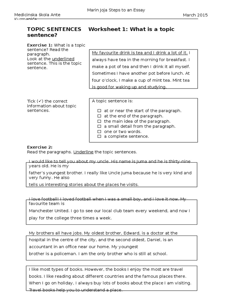TOPIC SENTENCES Worksheet 1: What Is A Topic Sentence? | PDF | Paragraph