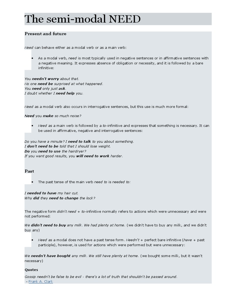 Verb To Need: Modal Semi Modal | PDF | Career & Growth | Language Arts ...