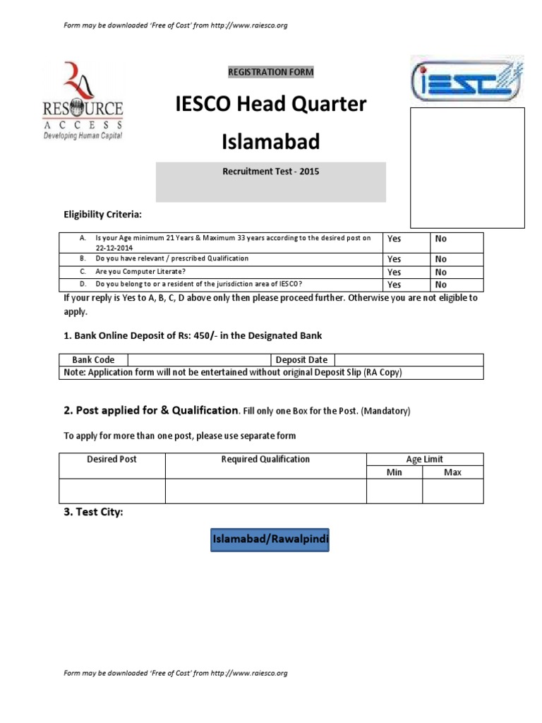 IESCO Recruitment Test Application Form | PDF | Deposit Account | Banks