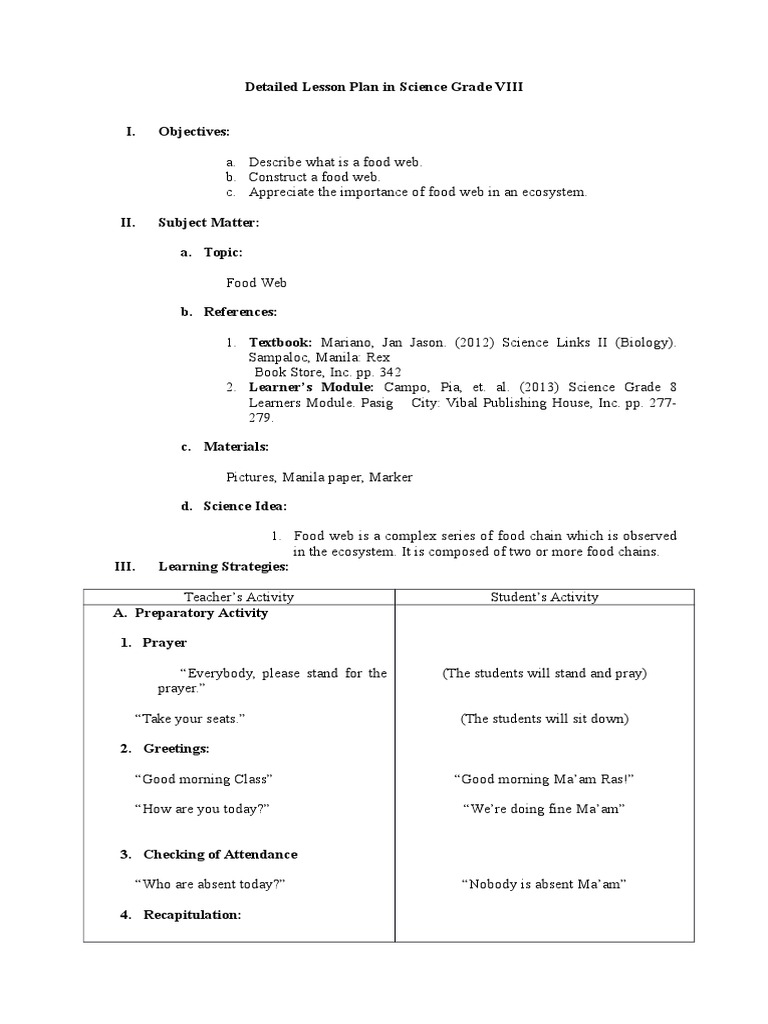 Detailed Lesson Plan of Food Web | PDF | Food Web | Lesson Plan