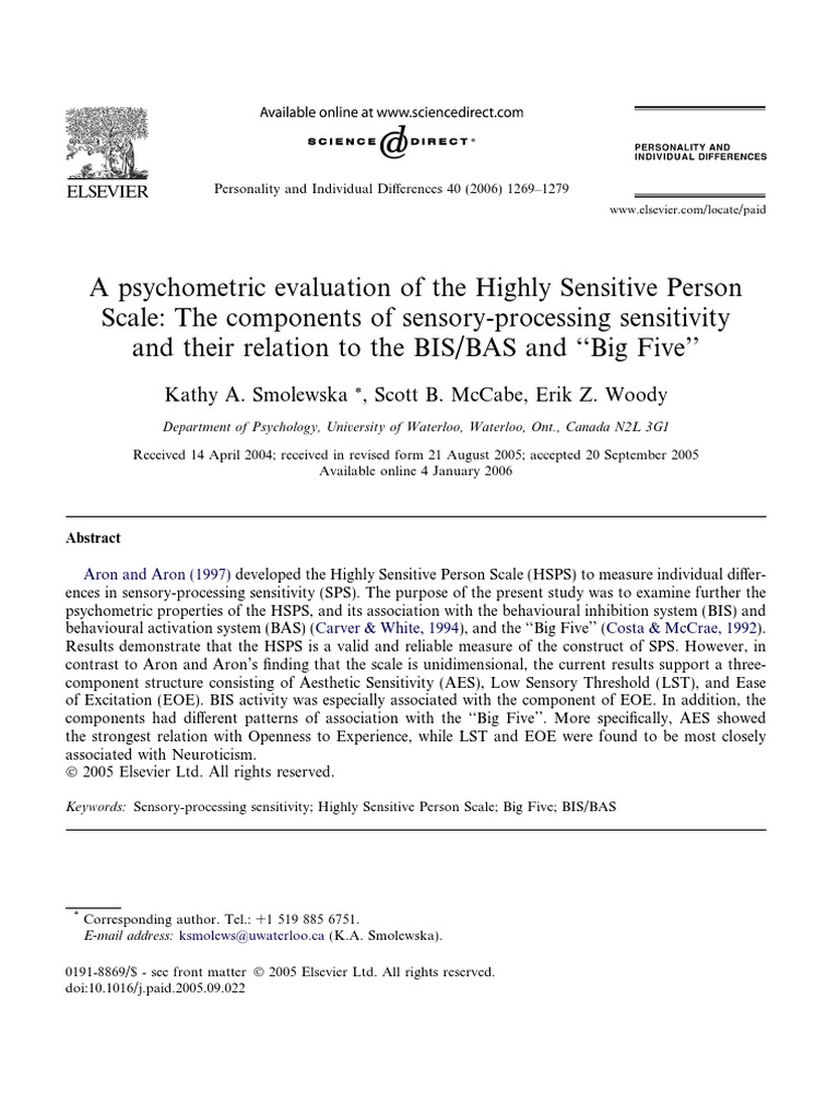 A psychometric evaluation of the Highly Sensitive Person Scale: The ...