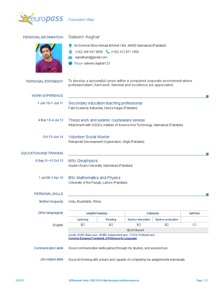 Geophysicist Sample CV | Reflection Seismology | Pakistan
