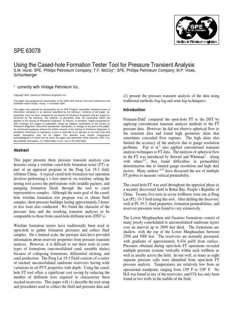 SPE 63078 Using The Cased-Hole Formation Tester Tool For Pressure ...