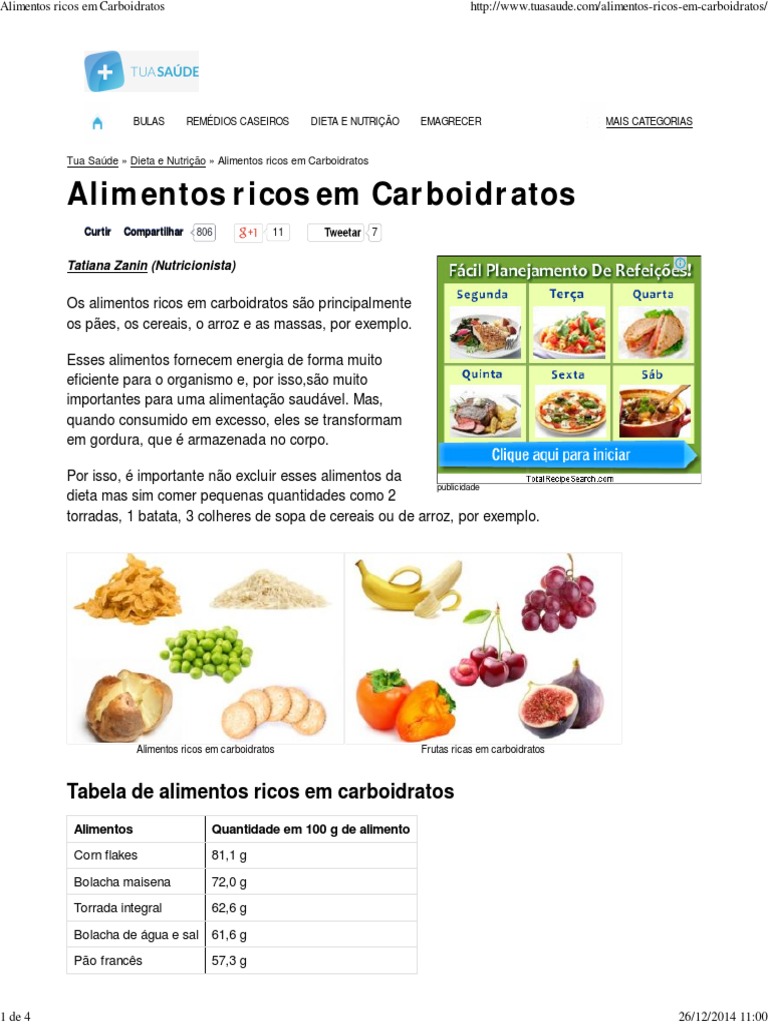 Alimentos ricos em Carboidratos.pdf | Diabetes Mellitus | Alimentos