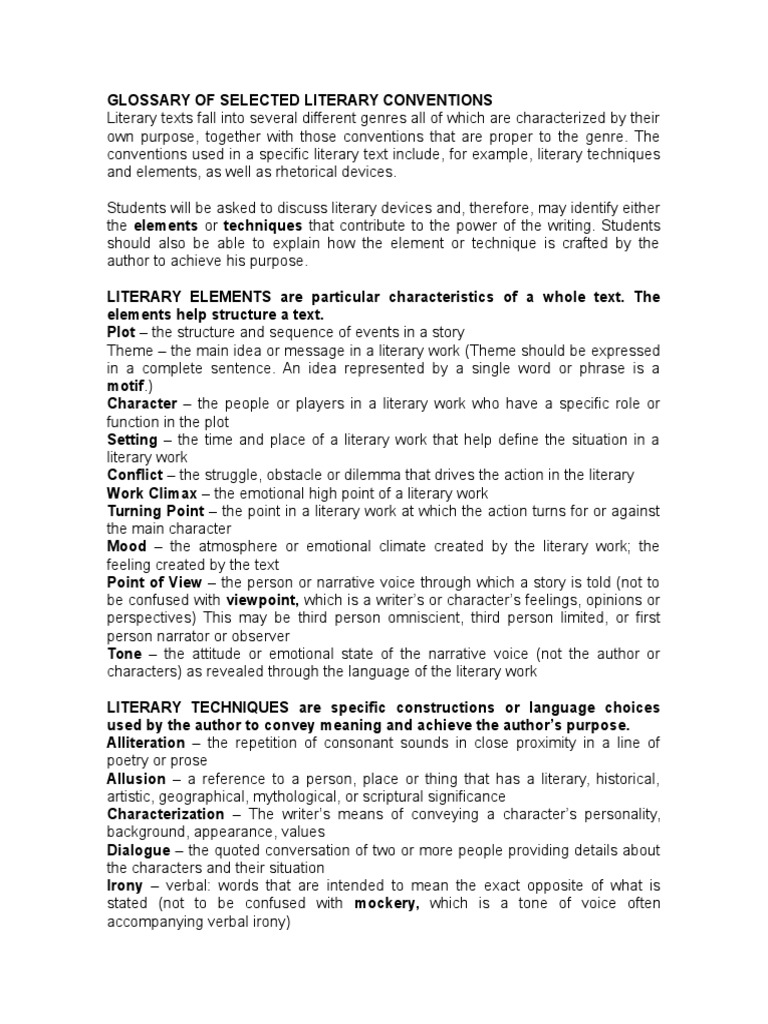 Glossary of Selected Literary Conventions | PDF | Narration | Irony